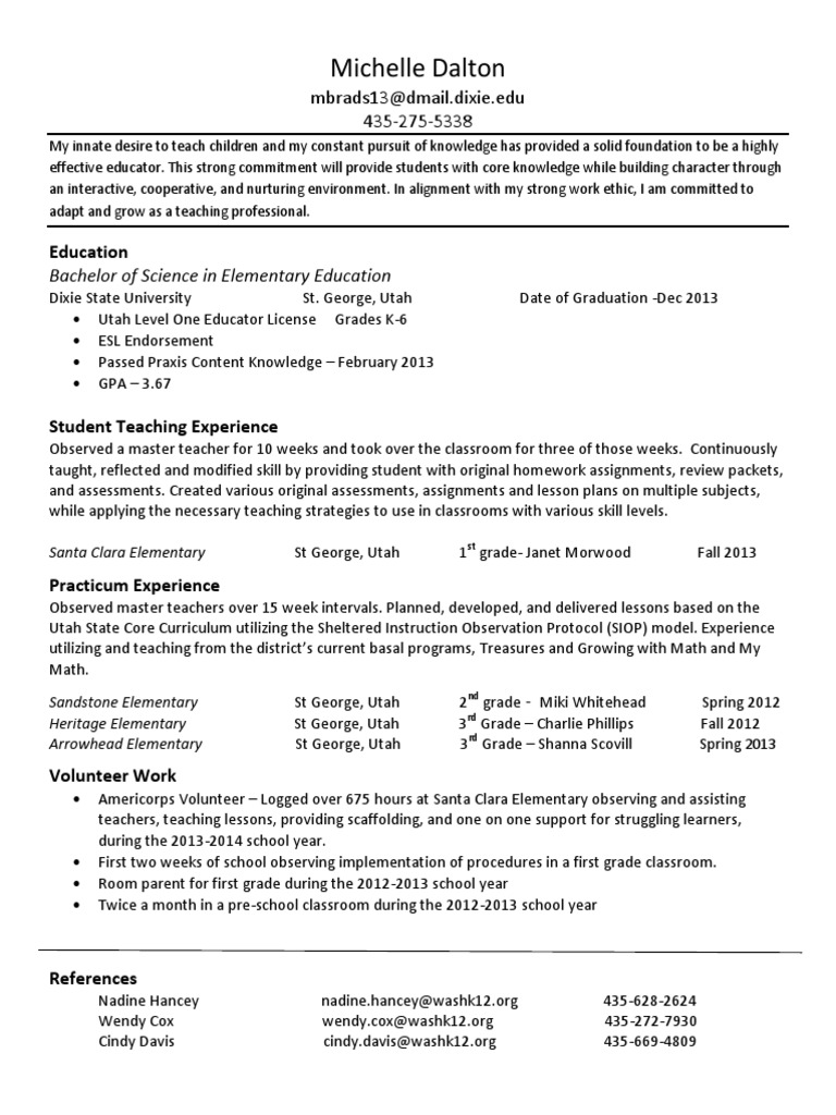 Resume - Michelle Dalton | PDF | Homework | Teachers
