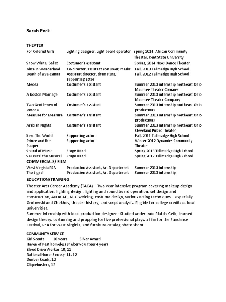 Sarah Peck's Theater Experience and Skills | PDF | Language Arts ...