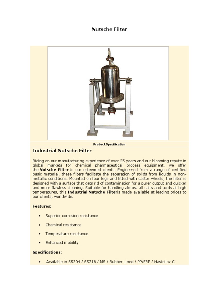 Nutsche Filter: Features | Download Free PDF | Filtration | Carbon
