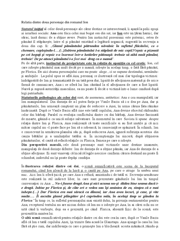Relatia Dintre Doua Personaje Din Romanul Ion | PDF