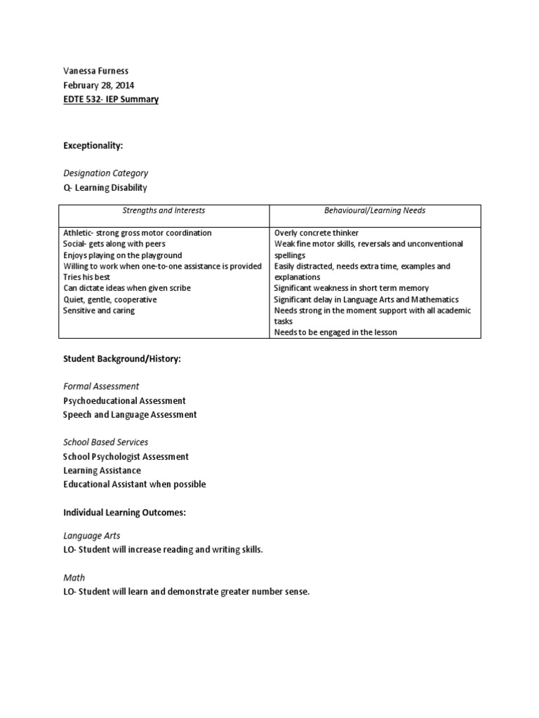 Iep Summary | PDF | Individualized Education Program | Reading (Process)