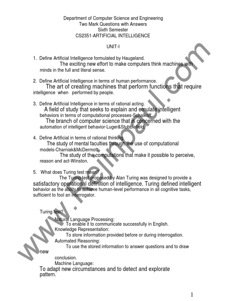 AI 2 Marks PDF | Download Free PDF | Logical Consequence | Interpretation (Logic)