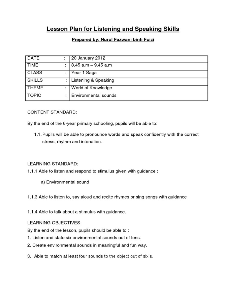 Listening and Speaking Skills Lesson Plan | PDF | Lesson Plan | Teaching