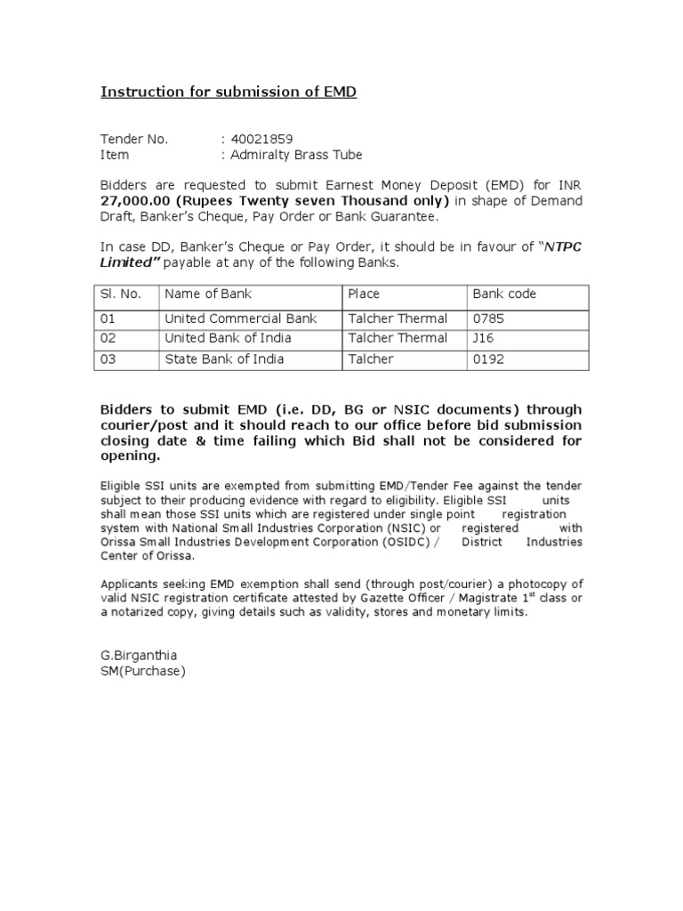 Instruction For Submission of EMD: Limited" Payable at Any of The ...