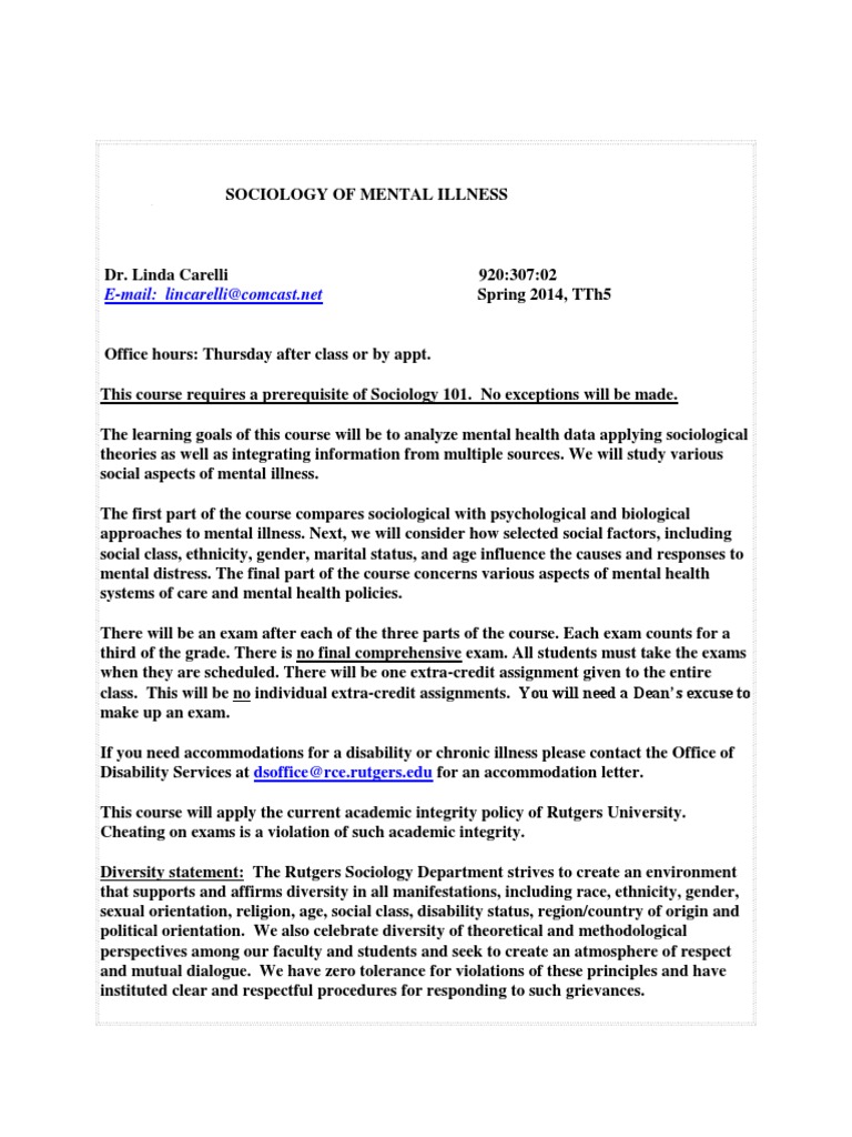 Sociology of Mental Illness Syllabus | PDF | Sociology | Mental Disorder