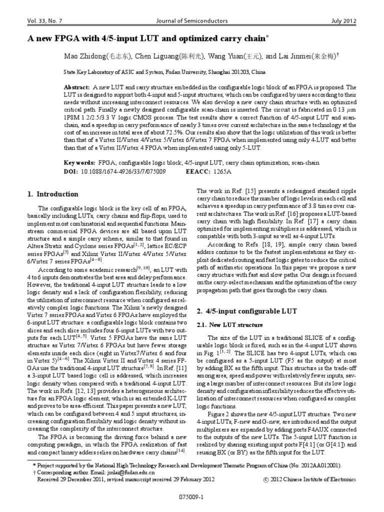 A New FPGA With 4/5-Input LUT and Optimized Carry Chain: Mao Zhidong ...