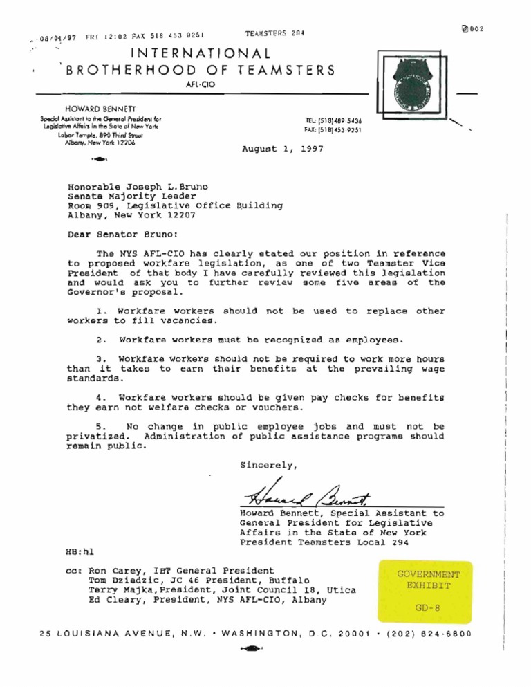 Teamster Letter To Bruno 0897 (GD-08) | PDF | Trade Union | Labor Relations