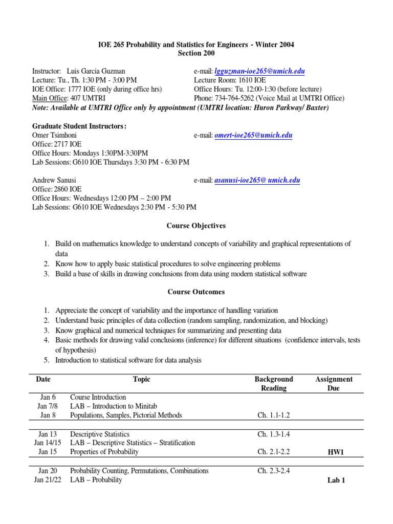 IOE 265 Probability and Statistics For Engineers - Winter 2004 Section 200 | PDF | Probability ...