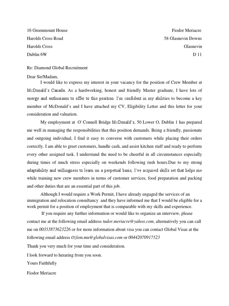 Cover Letter | Mc Donald's | Social Issues (General)