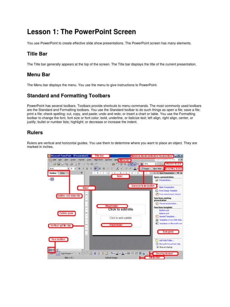 Lesson 1: The Powerpoint Screen: Title Bar | PDF | Point And Click | Button (Computing)