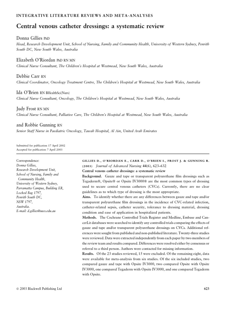 CVC Dressings JAN | Meta Analysis | Intravenous Therapy