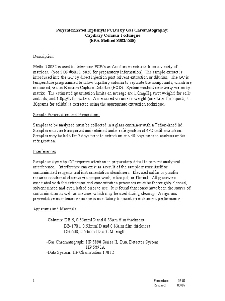 Polychlorinated Biphenyls PCB's by Gas Chromatography: Capillary Column ...