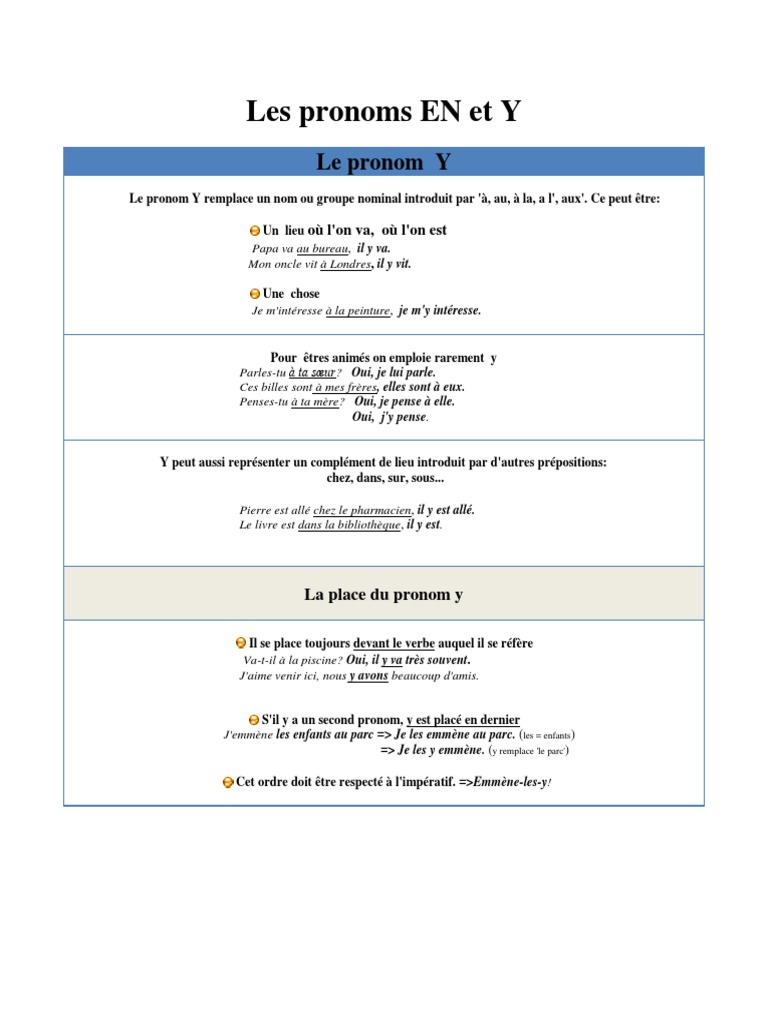 Emploi des pronoms EN et Y | PDF | Pronom | Linguistique