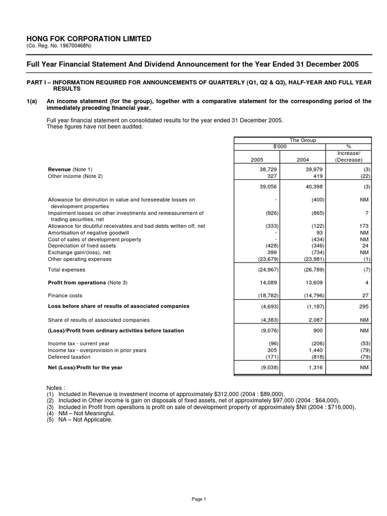 Hong Fok Corporation Limited: Revenue (Note 1) | PDF | Dividend | Investing