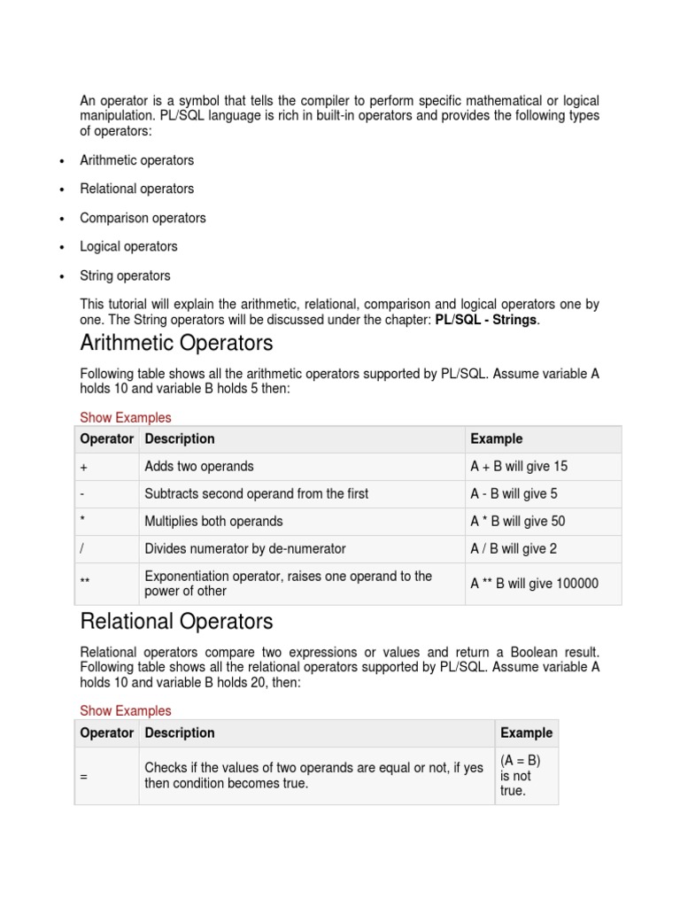 Arithmetic Operators Plsql Strings Pdf Boolean Data Type Theoretical Computer Science 
