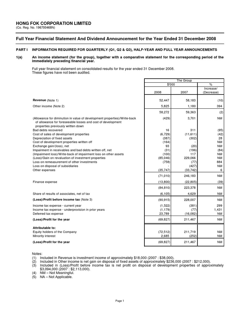 Hong Fok Corporation Limited: Revenue (Note 1) | PDF | Dividend | Expense