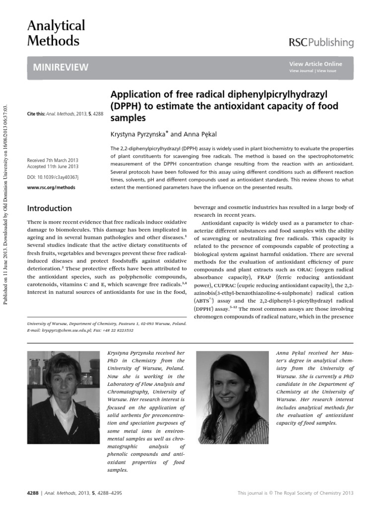 Application of Free Radical Diphenylpicrylhydrazyl (DPPH) To Estimate ...