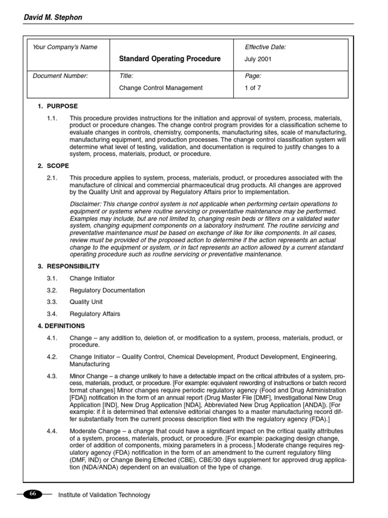 Change Control Management SOP | PDF | Food And Drug Administration ...