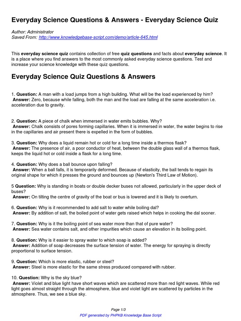 Everyday Science Questions & Answers - Everyday Science Quiz | PDF ...