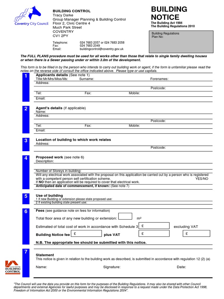Building Notice Application Form | Social Institutions | Society
