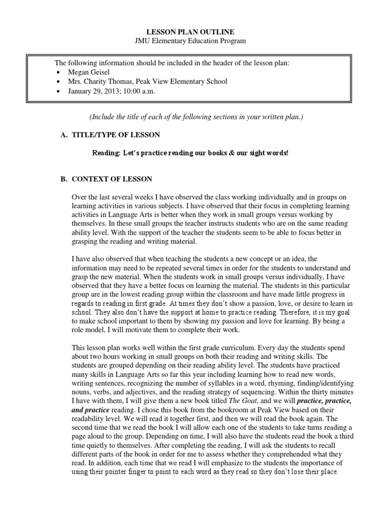 Student Teaching Reading Lesson Plan-First Grade | PDF | Reading ...