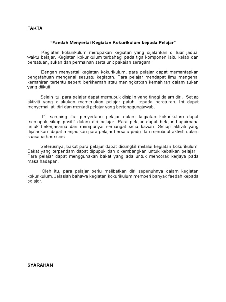 Ayat Contoh Karangan Kokurikulum