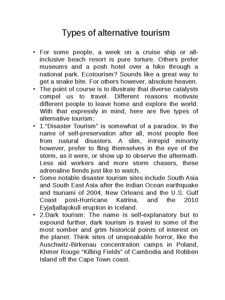 Types of Alternative Tourism Explained | PDF | Tourism | Service Industries