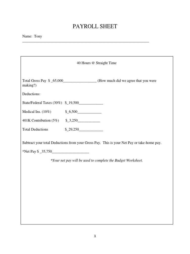Payroll Worksheet Tony | PDF