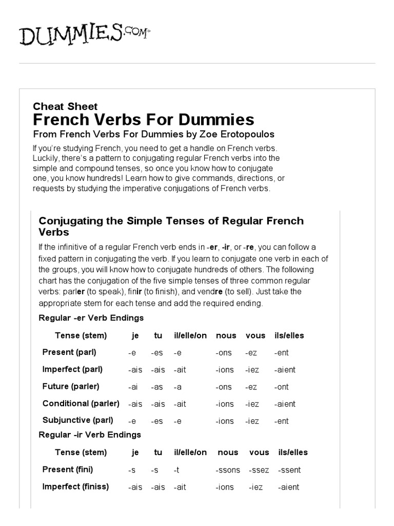 French Verbs For Dummies Cheat Sheet - For Dummies | PDF | Grammatical ...