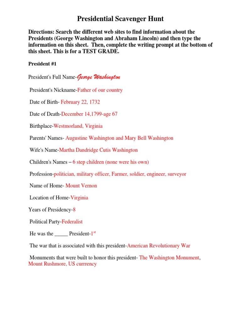 Presidential Scavenger Hunt Guide | PDF | Abraham Lincoln | George ...