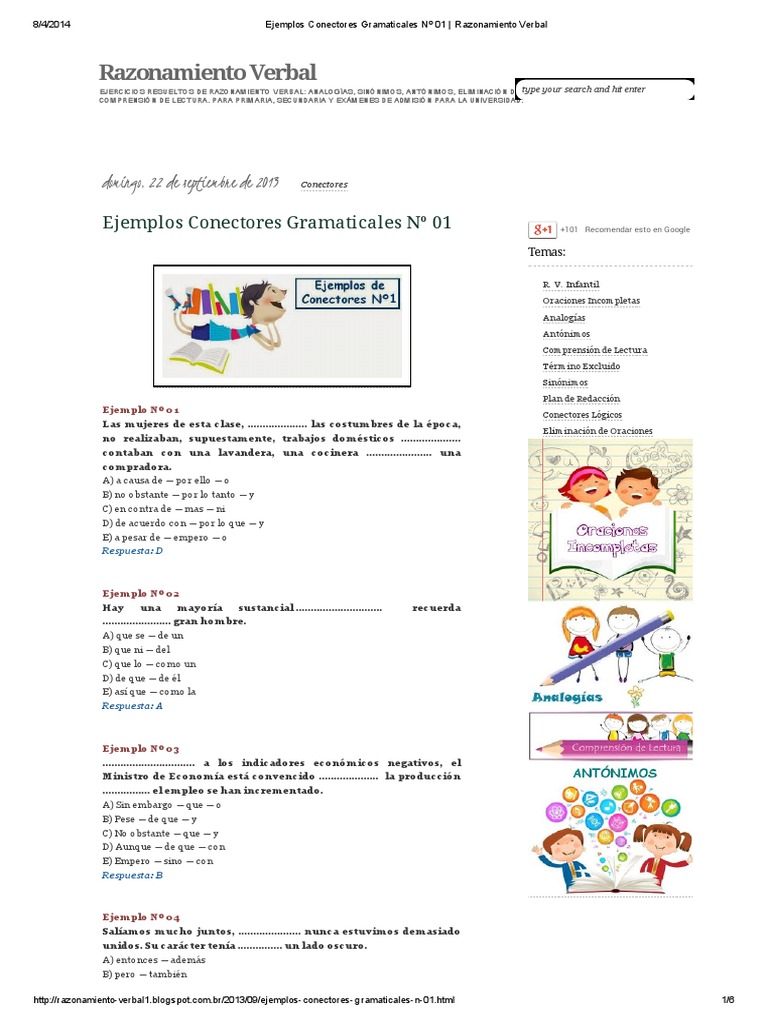 Ejemplos Conectores Gramaticales Nº 01 _ Razonamiento Verbal