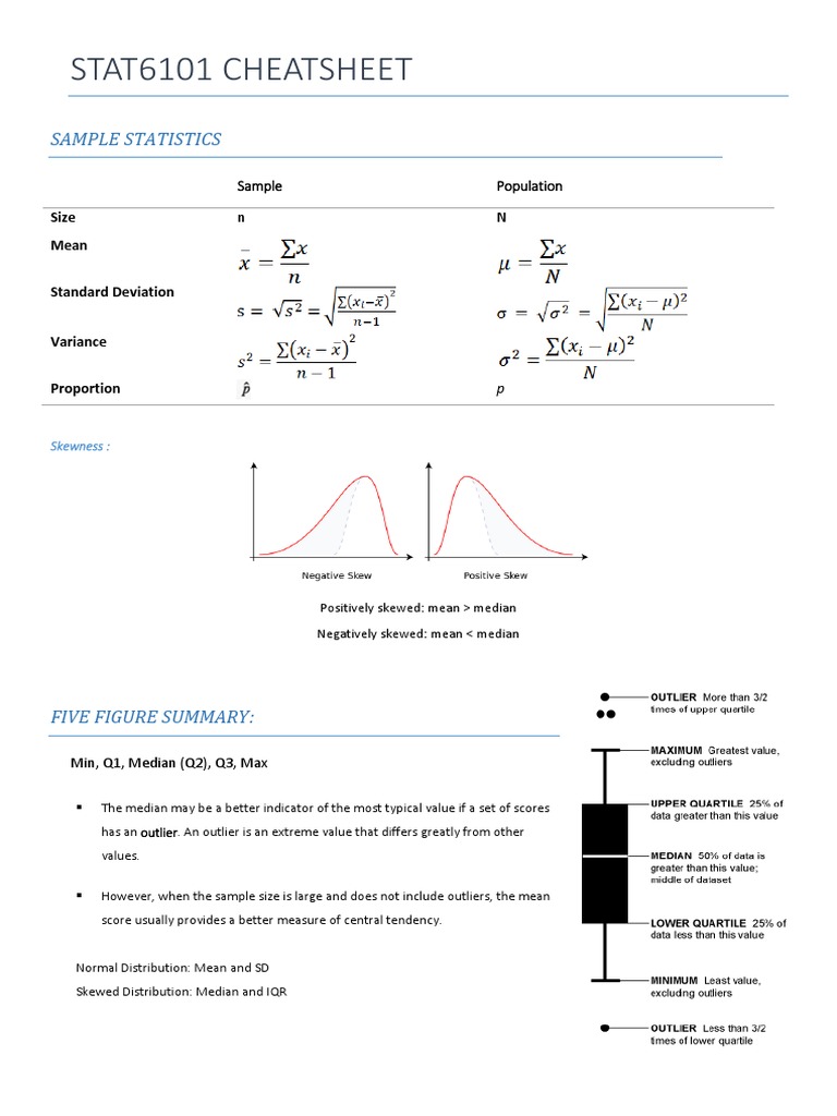Stat6101 Cheatsheet | PDF | Normal Distribution | Errors And Residuals