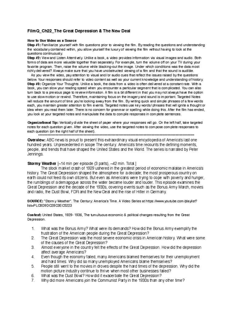 Great Depression & New Deal Video Guide | PDF | Great Depression ...