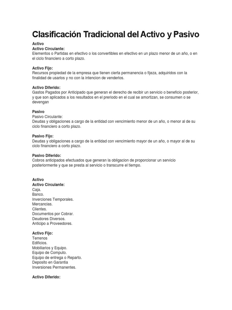 Clasificación Tradicional Del Activo y Pasivo | PDF | Finanzas y dinero | Derecho