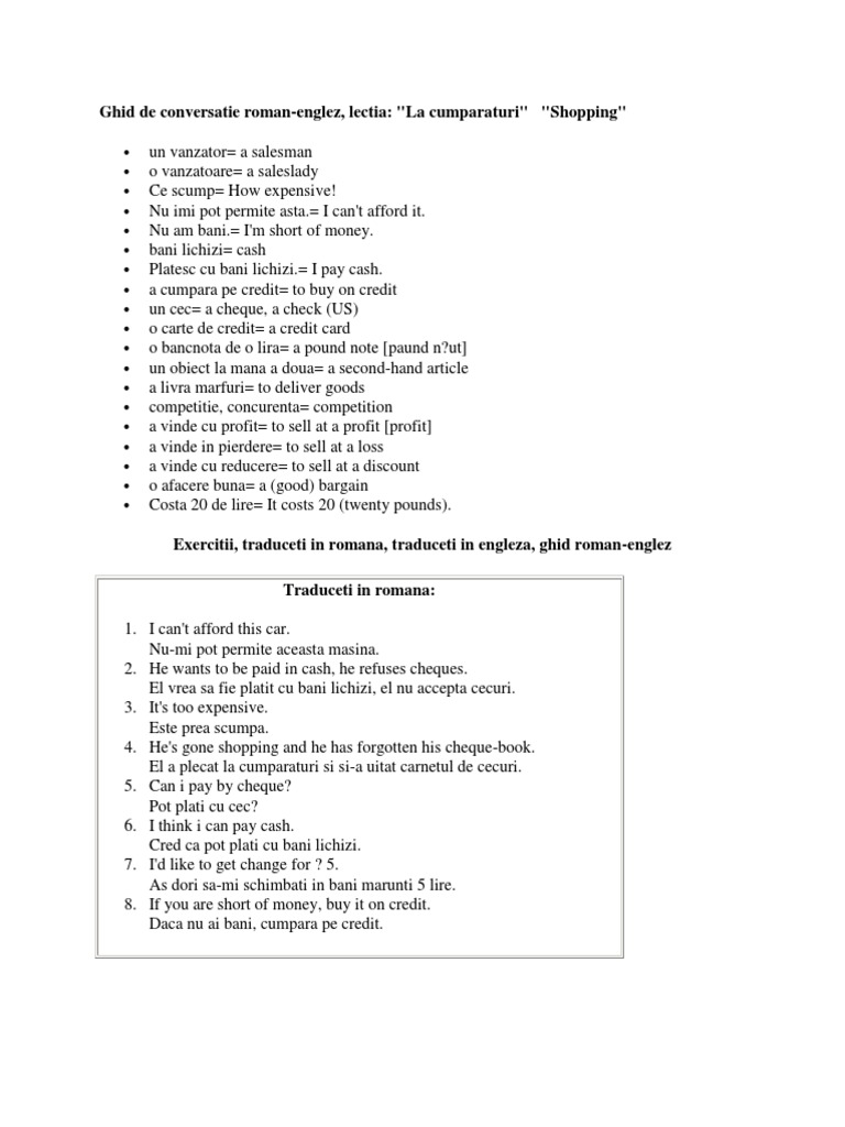 Ghid de Conversatie Roman-Englez, Lectia: "La Cumparaturi" "Shopping ...