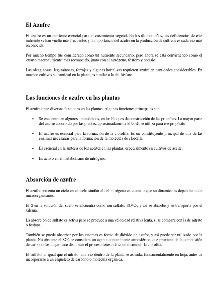 El azufre, un nutriente esencial para el crecimiento vegetal | PDF ...