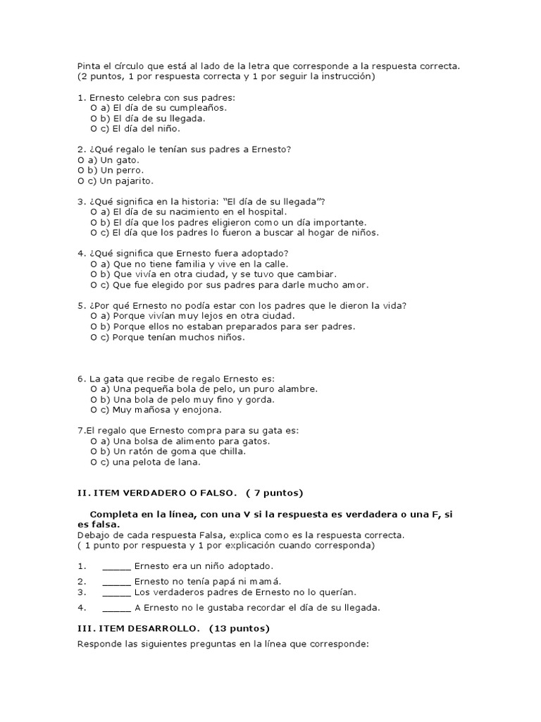 Prueba Texto La Historia de Ernesto | PDF