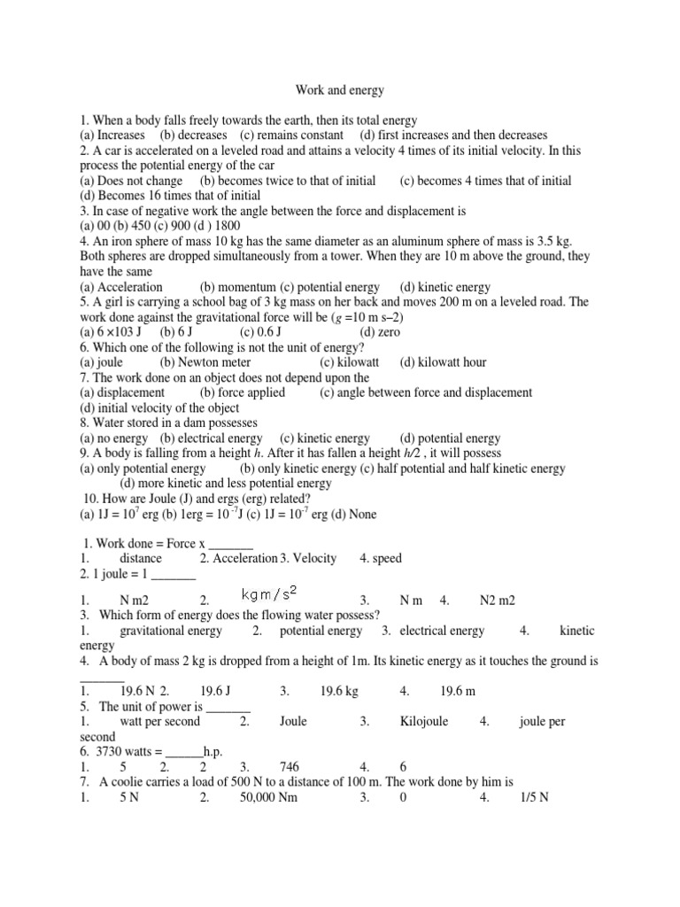 Work and Energy Worksheet | PDF | Kinetic Energy | Mass