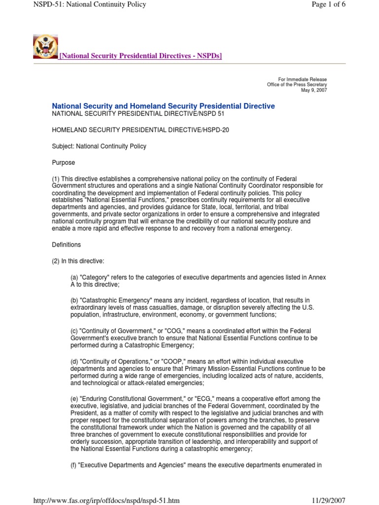 National Security and Homeland Security Presidential DirectiveSNPD51 ...