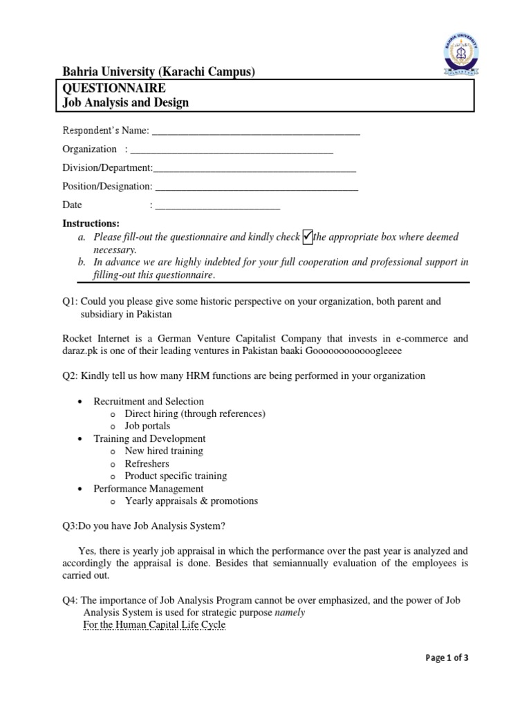 Approved Questionnaire Job Analysis | PDF | Employment | Competence ...