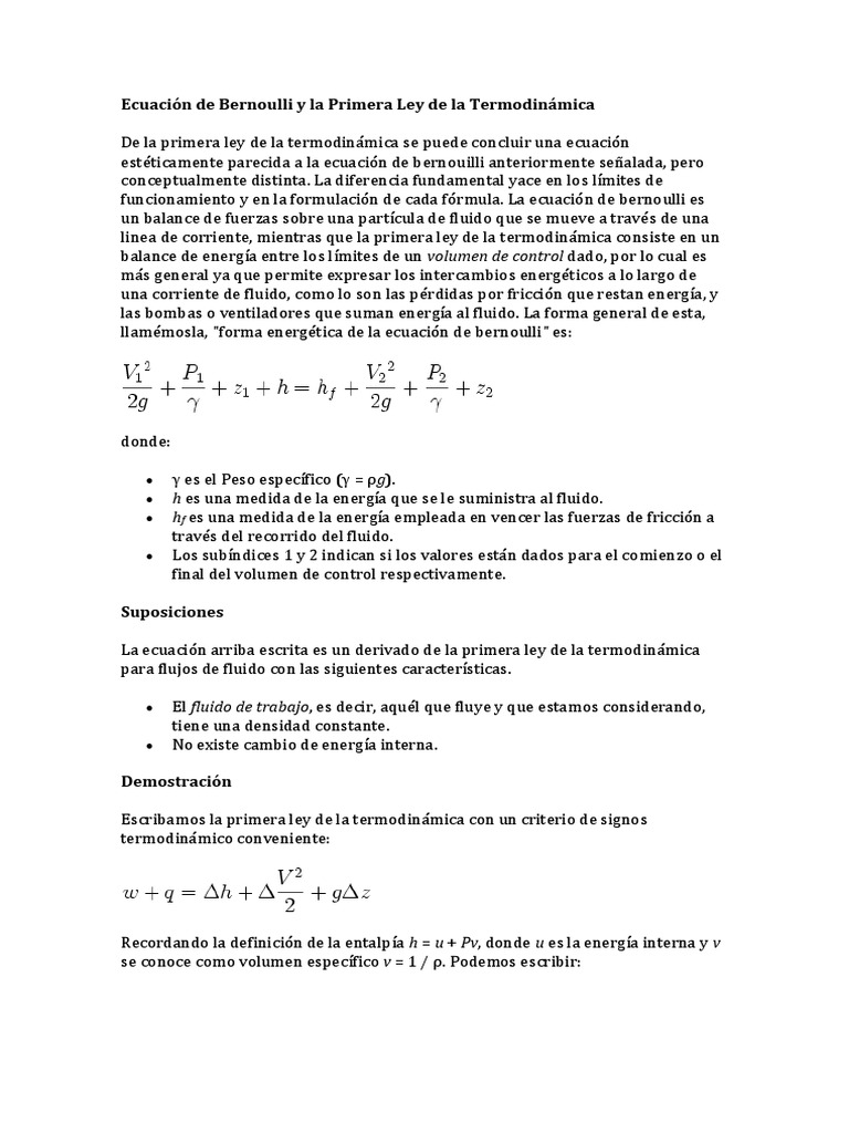 Ecuación de Bernoulli y La Primera Ley de La Termodinámica | PDF ...