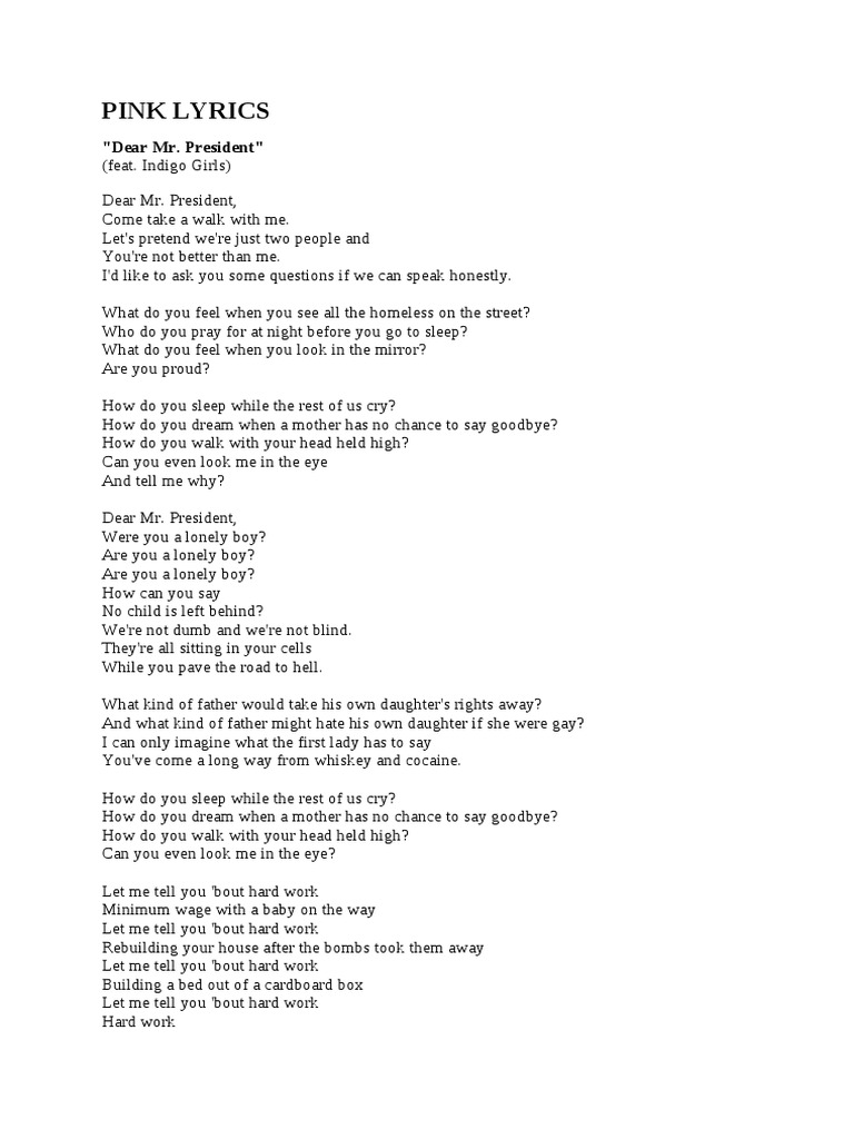 Pink Lyrics: "Dear Mr. President"