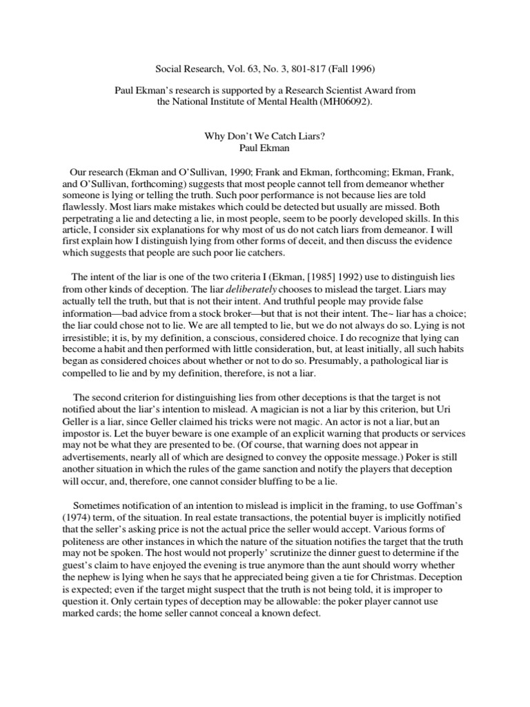 Ekman, Paul - Why Dont We Catch Liars | PDF | Lie | Deception