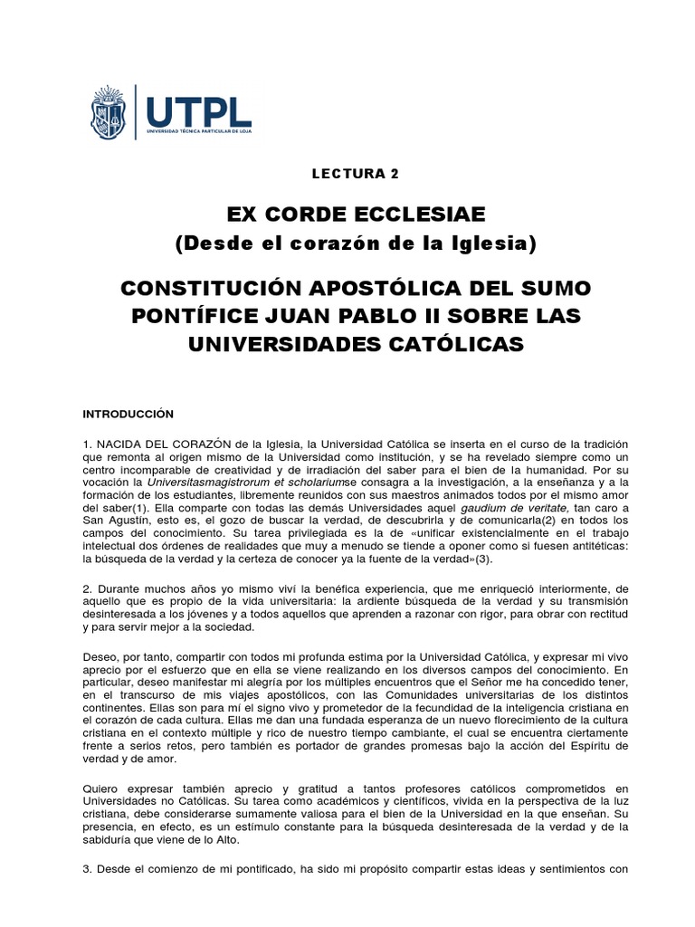 Lectura D Ex Corde Ecclesiae | PDF | Iglesia Católica | Conocimiento