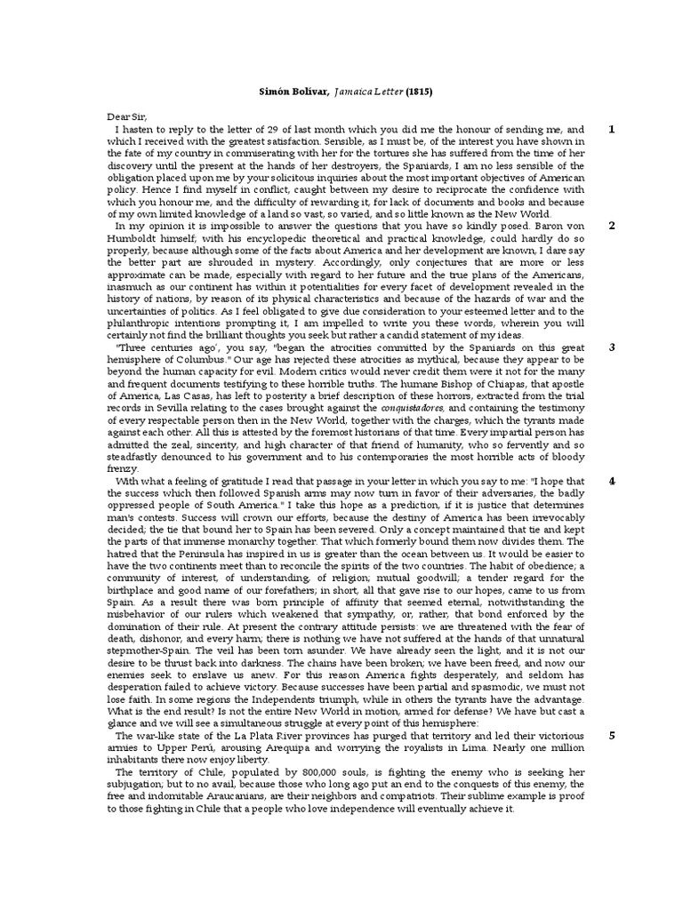 Simón Bolívar, Jamaica Letter (1815) | PDF | Forms Of Government | Slavery