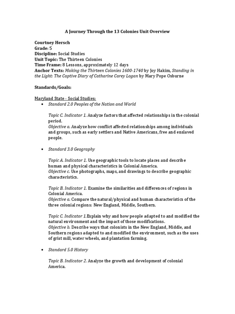 A Journey Through The 13 Colonies Unit Overview | PDF | Colonialism ...