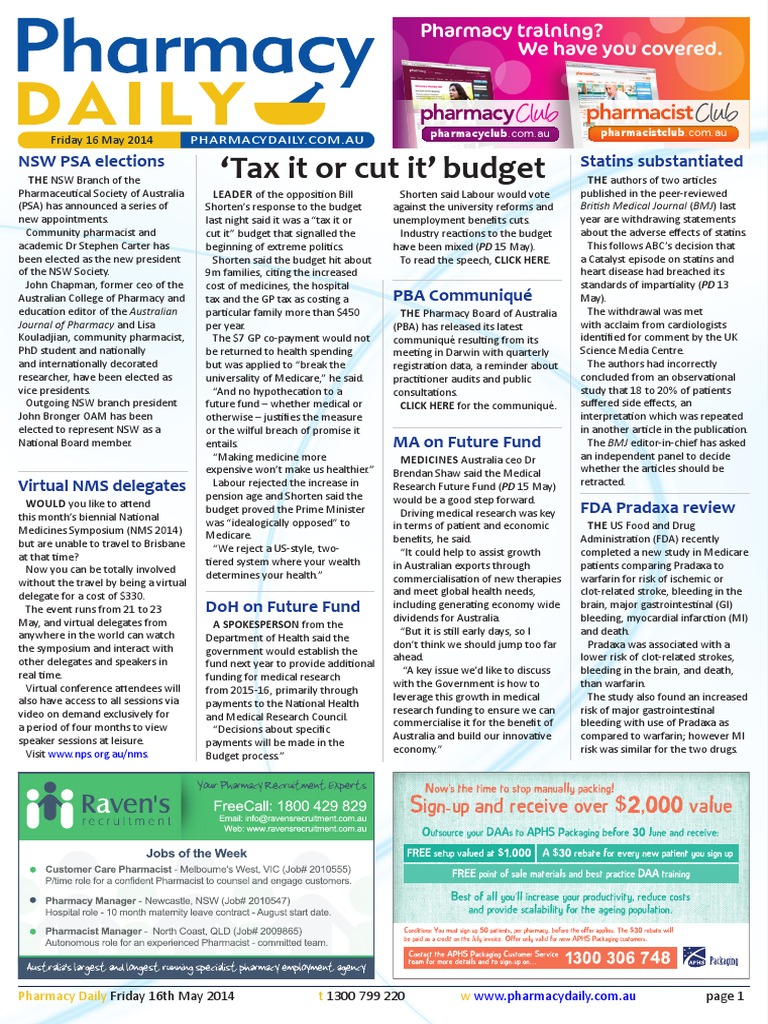 Pharmacy Daily For Fri 16 May 2014 - 'Tax It or Cut It' Budget, Free ...