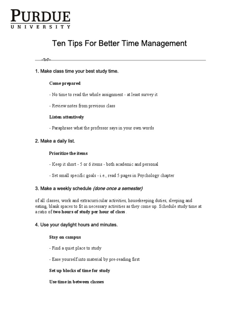 Purdue Unversity - Ten Tips For Better Time Management For Students | PDF