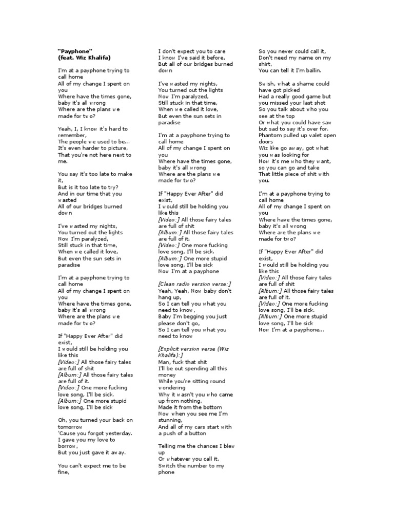 Payphone Maroon 5 Lyrics