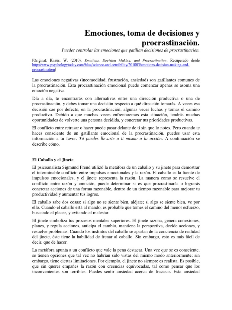 Emociones Toma De Decisiones Y Procrastinación Pdf Las Emociones